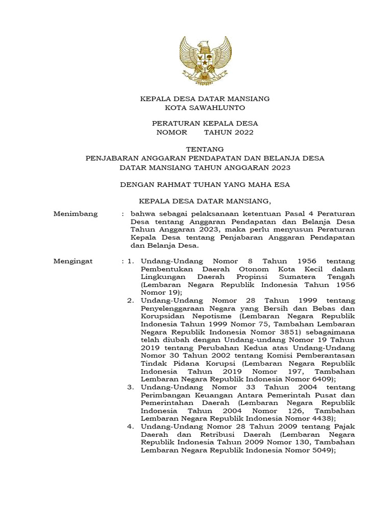 Perkades Penjabaran APBDes 2022 | PDF | Pengelolaan Keuangan & Uang | Griya & Taman