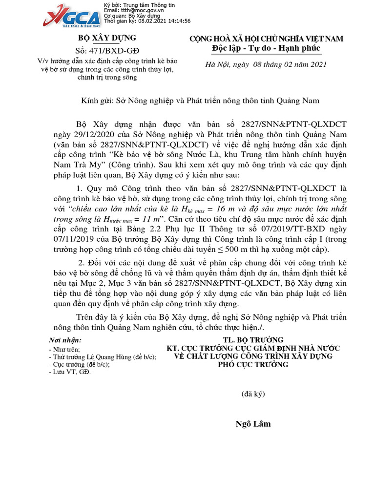 CV 471-BXD-GD (08-02-2021) - HD XÁC ĐỊNH CẤP CTRINH KÈ BẢO VỆ SỬ DỤNG TRONG CTTL | PDF