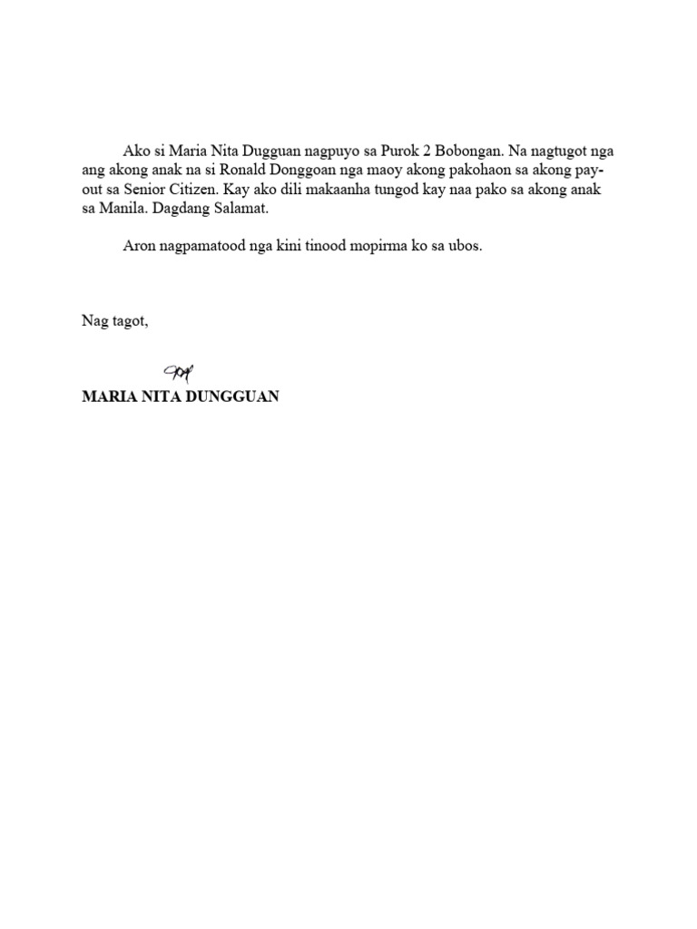 Ako Si Maria Nita Dugguan Nagpuyo Sa Purok 2 Bobongan | PDF