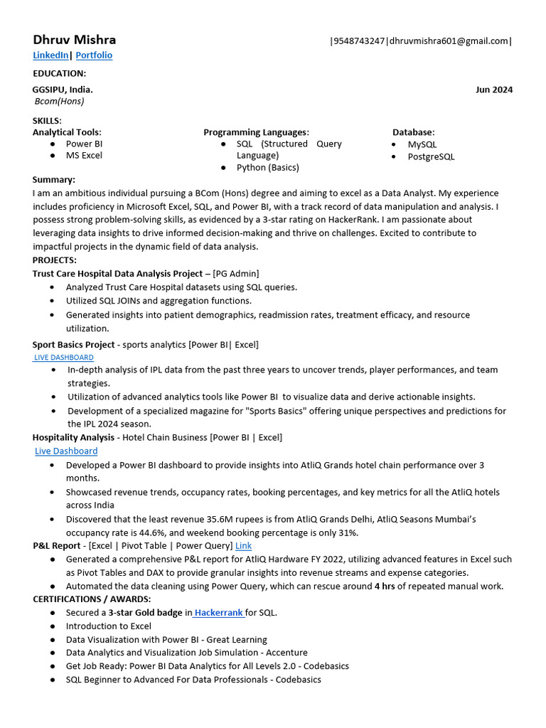 Resume Dhruv Mishra | PDF | Data Analysis | Microsoft Excel