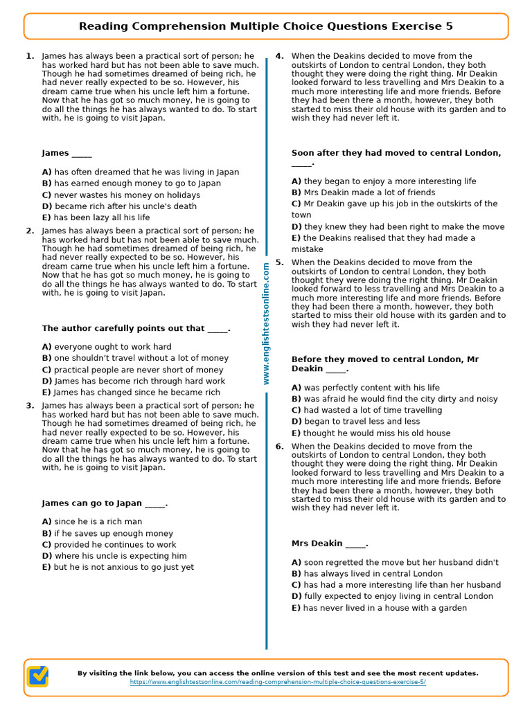 1875 Reading Comprehension Multiple Choice Questions Exercise 5 | PDF ...