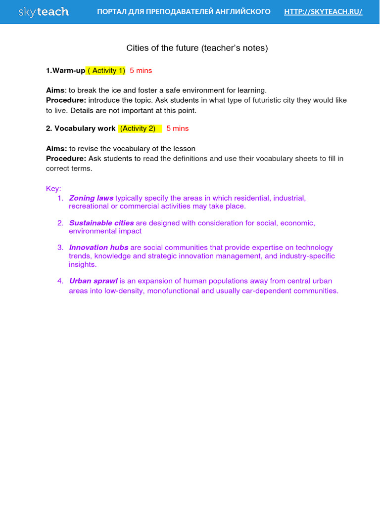Cities of The Future - Teachers Notes | PDF | Vocabulary | Innovation