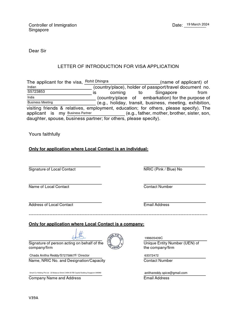 Letter of Introduction For Visa Application | Download Free PDF ...