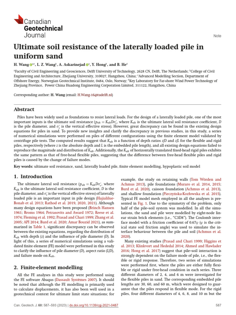 Wang - Ultimate Soil Resistance of The Laterally Loaded Pile in Uniform ... Wang - Ultimate Soil Resistance of The Laterally Loaded Pile in Uniform ...