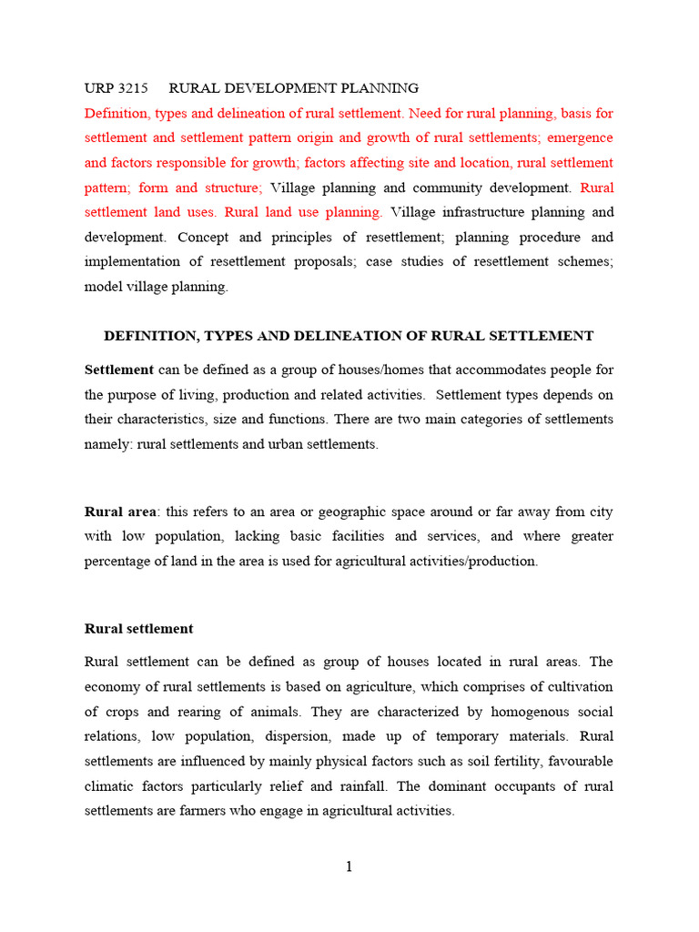 Urp 3214 Rural Development Planning | PDF | Agriculture | Infrastructure