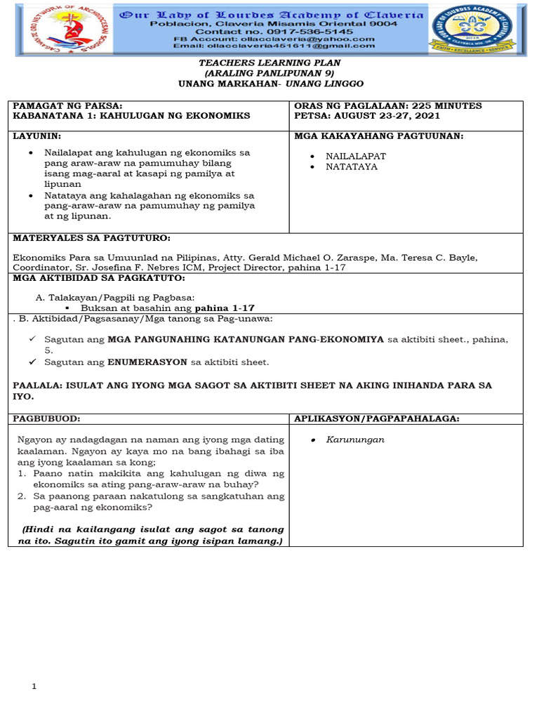 Teachers Learning Plan Ap 9 | PDF