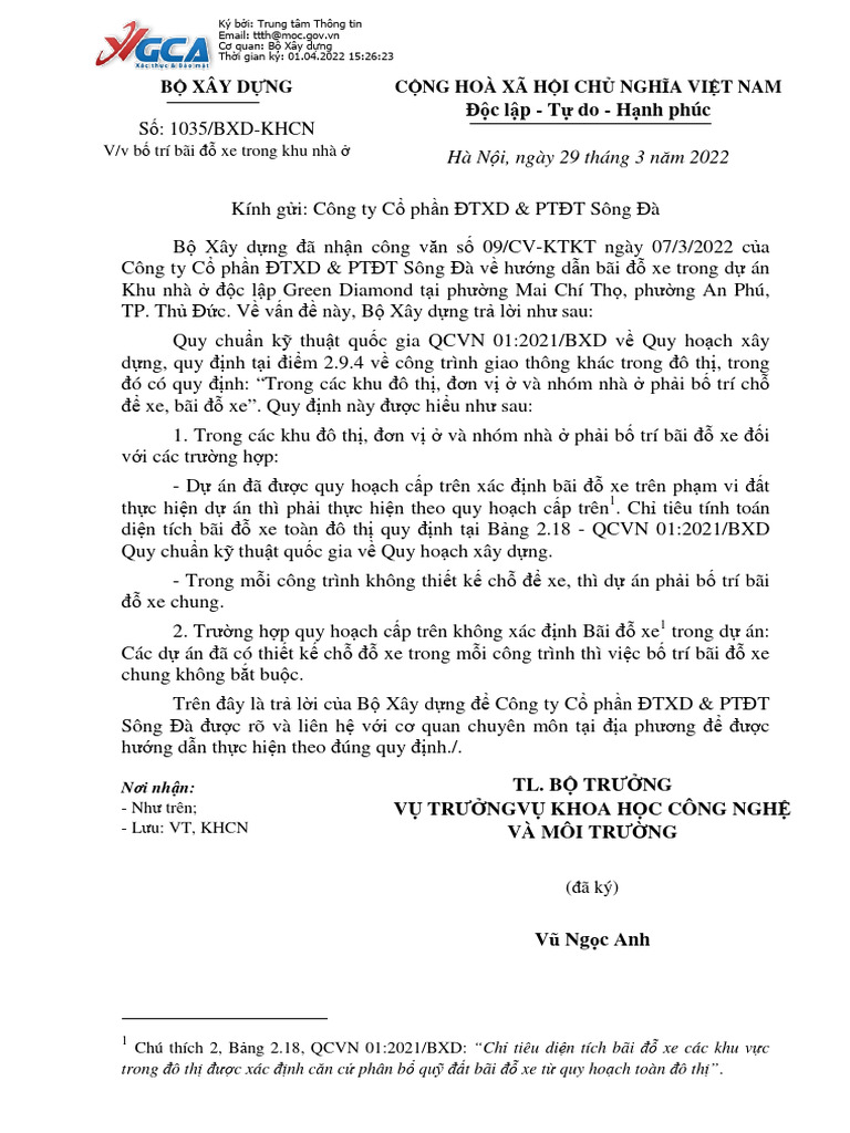 CV 1035-BXD-KHCN (29-03-2022) - Hướng dẫn bãi đỗ xe trong dự án Khu nhà ở độc lập Green Diamond ...