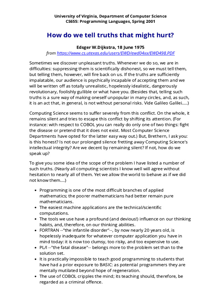 Edsger Dijkstra - How Do We Tell Truths That Might Hurt | PDF ...