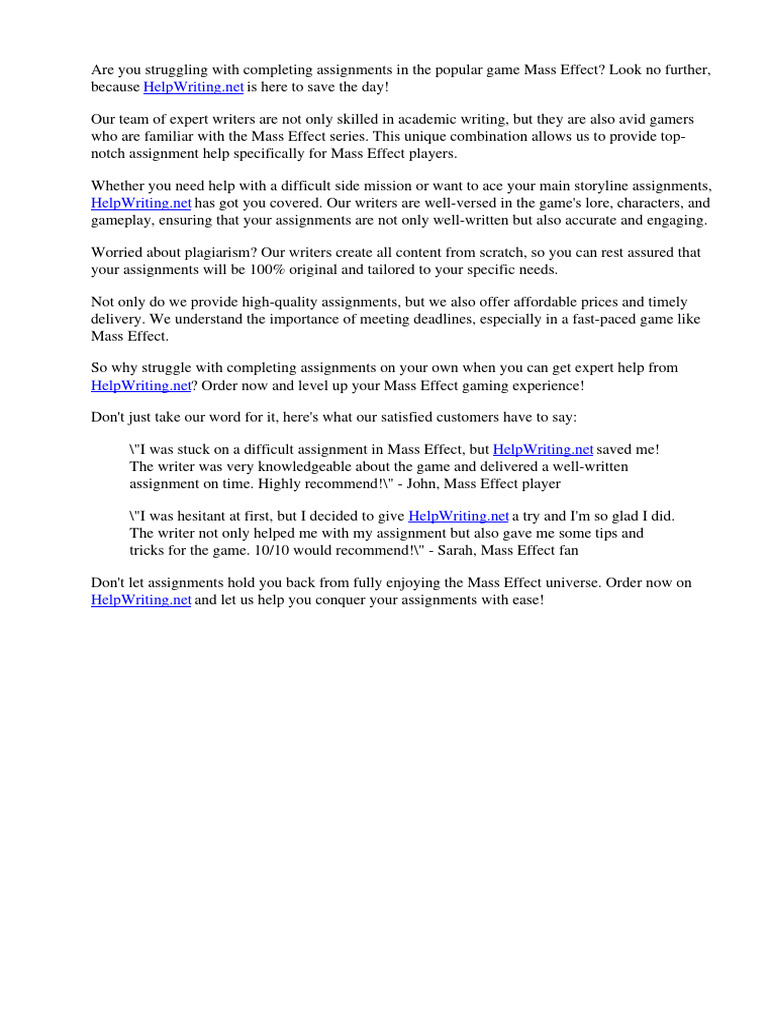 Assignments Mass Effect | PDF
