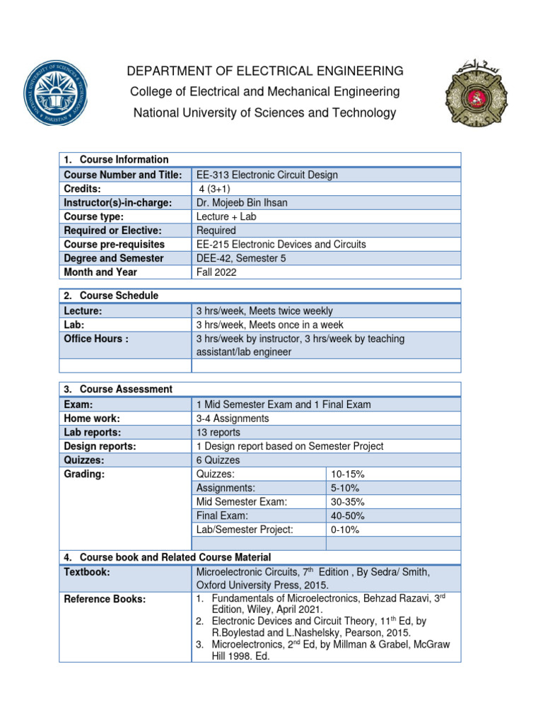 EE-313 Electronic Circuit Design Course Outline - Fall2022 - VF | PDF ...
