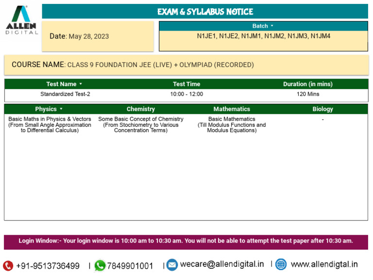 Exam & Syllabus Notice: Test Name Test Time Duration (In Mins) | PDF