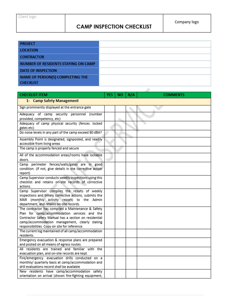 Camp Inspection Checklist Overview | PDF | Liquefied Petroleum Gas ...