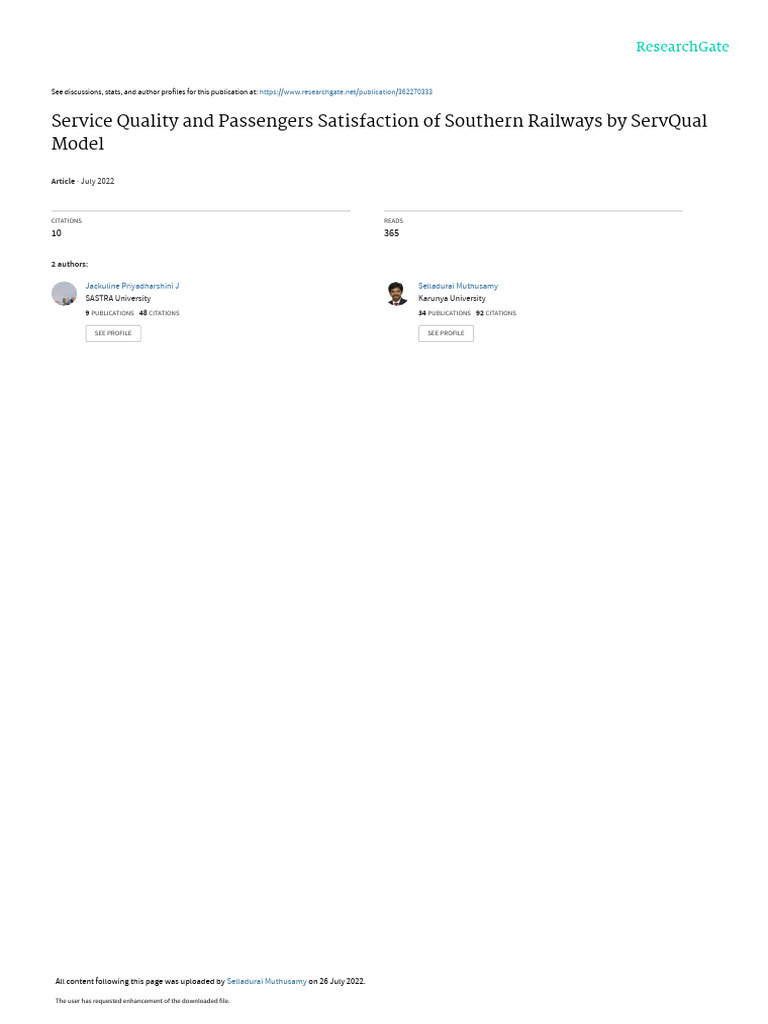 Service Qualityand Passengers Satisfactionof Southern Railwaysby Serv ...