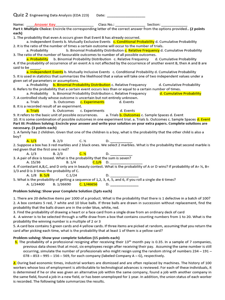 EDA Quiz 2 Answer Key | PDF | Probability | Probability Distribution EDA Quiz 2 Answer Key | PDF | Probability | Probability Distribution