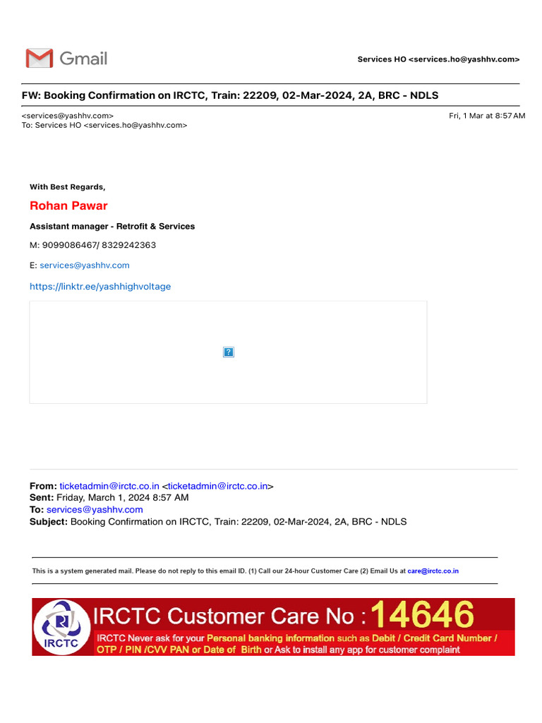 IRCTC Train Booking Confirmation 22209 | PDF | Service Industries