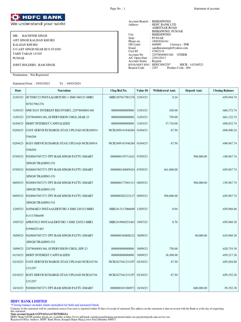 Date Narration Chq./Ref - No. Value DT Withdrawal Amt. Deposit Amt ...