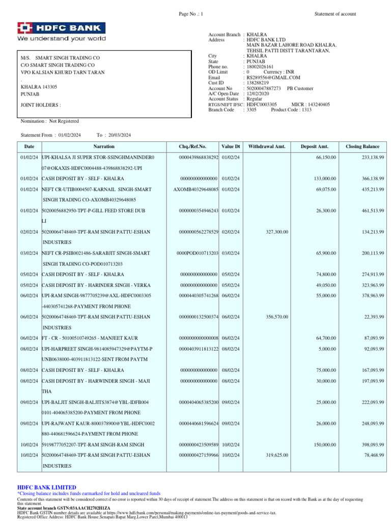 Smart Singh Trading Co. Account Statement | PDF | Banking | Financial ...