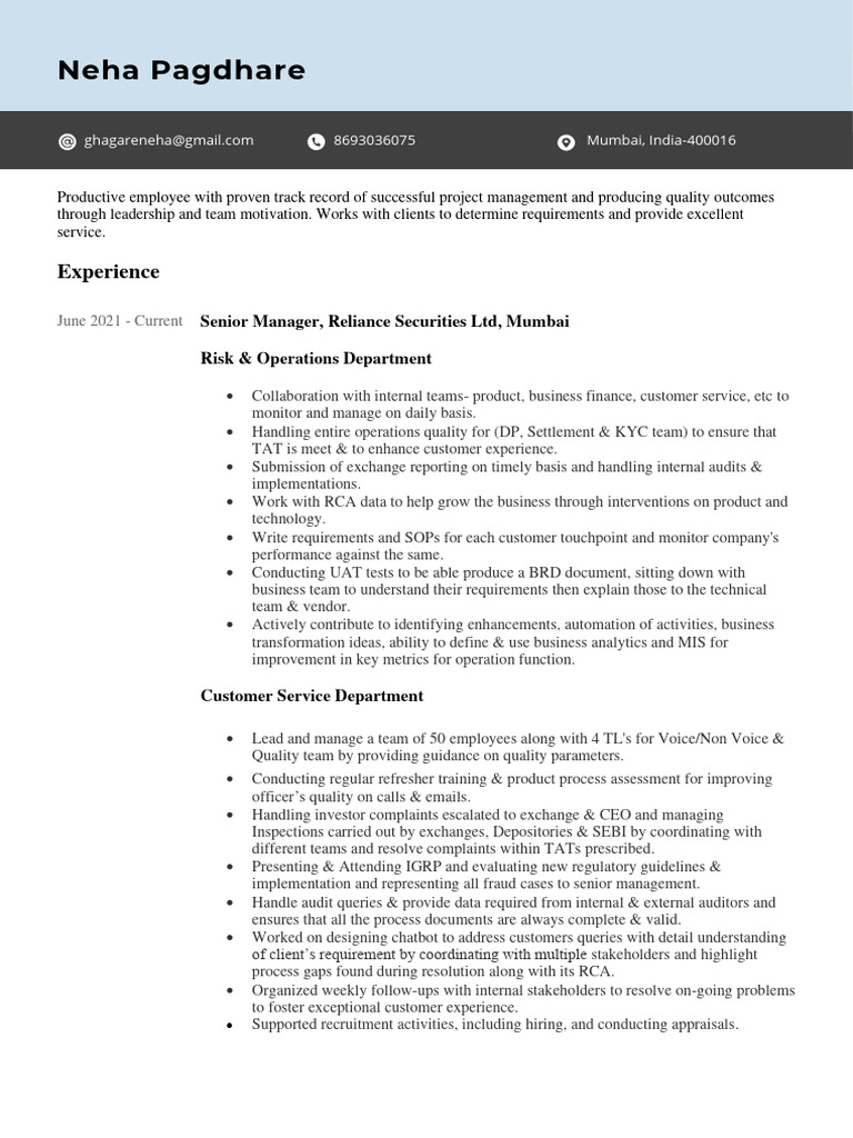 CV Neha Pagdhare | PDF | Audit | Customer Experience