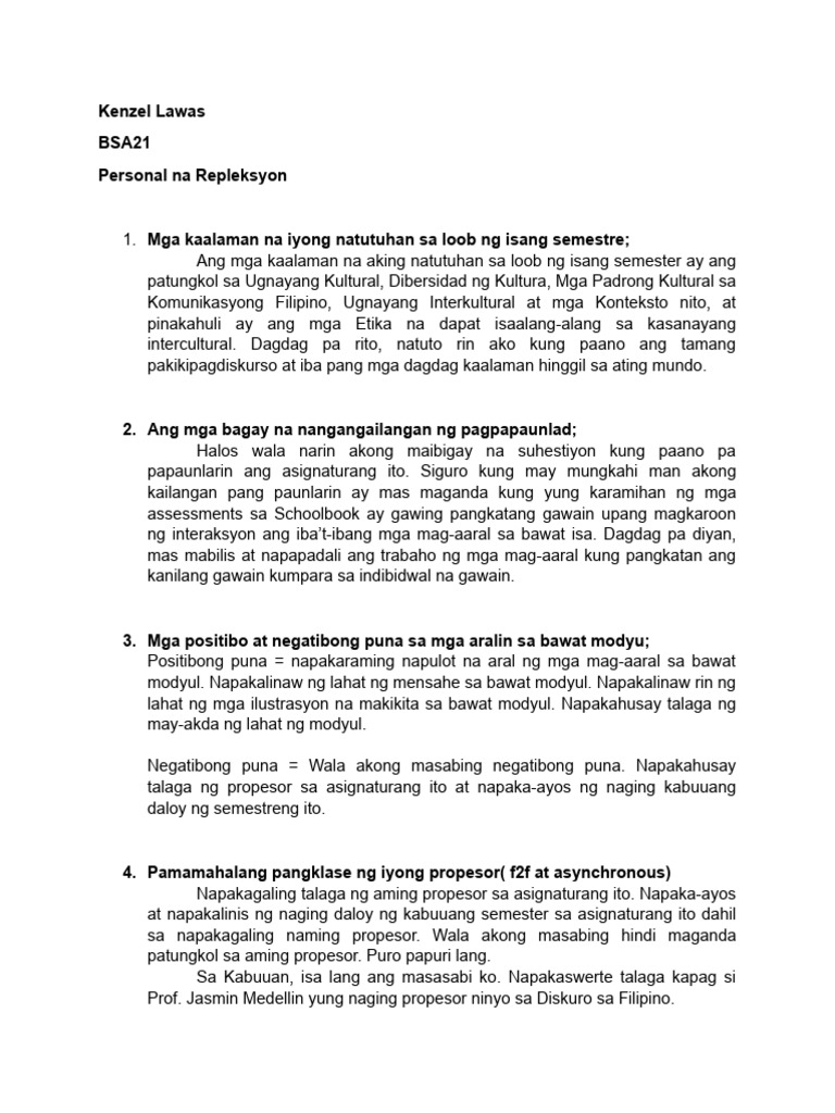 Kenzel Lawas - BSA21 - Personal Na Repleksyon | PDF