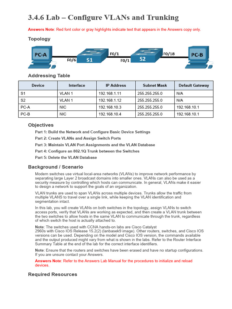 3.4.6 Lab - Configure VLANs and Trunking | PDF | Computer Network | Network Protocols