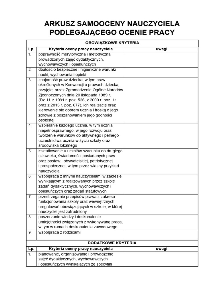 Nowy Arkusz Samooceny Nauczyciela Podlegającego Ocenie Pracy | PDF