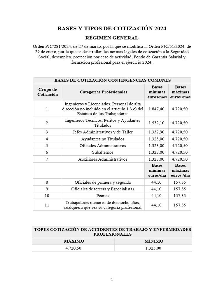 Bases y Tipos Cotización 2024 | PDF | Economias | Labor