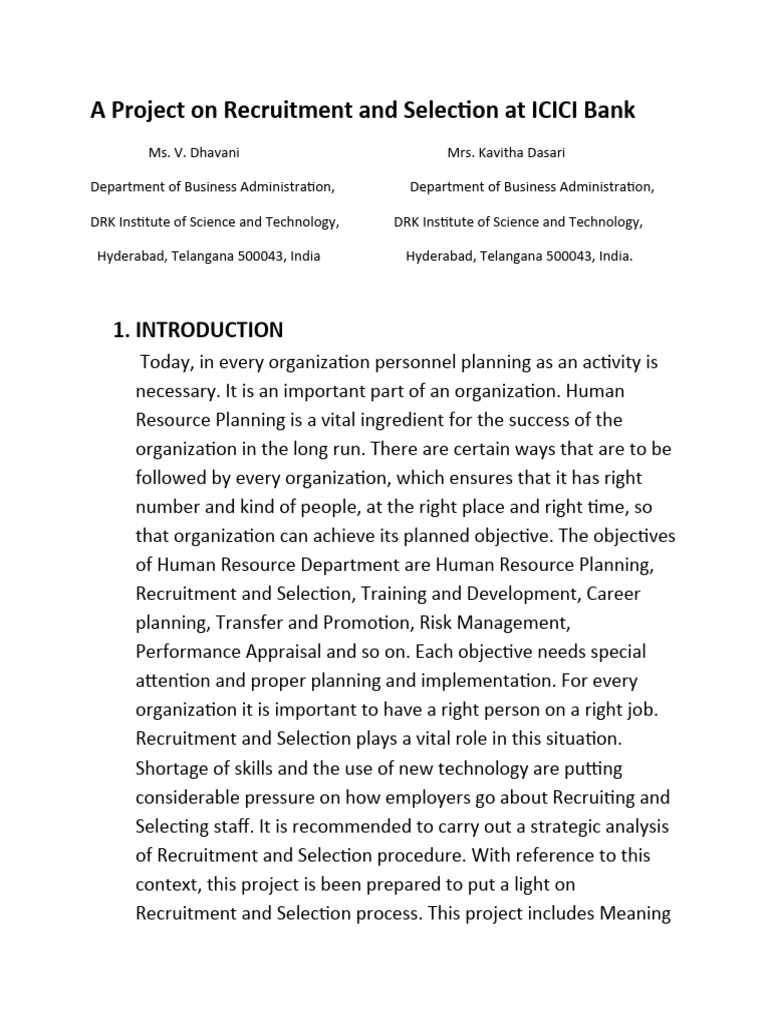 A Project On Recruitment and Selection at ICICI Bank 1 | PDF ...