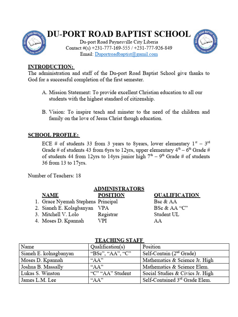 Academic Programs (Duport Road Baptist Church School) | PDF | Schools