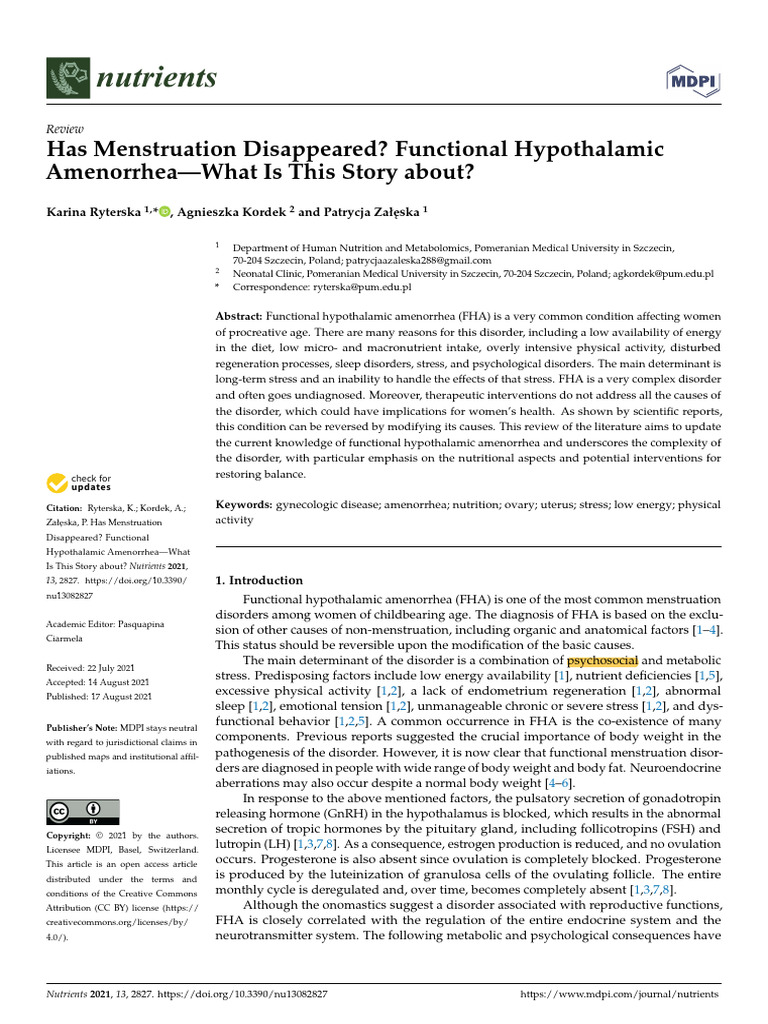 Has Menstruation Disappeared Functional Hypothalamic Amenorrhea—what Is This Story About Pdf