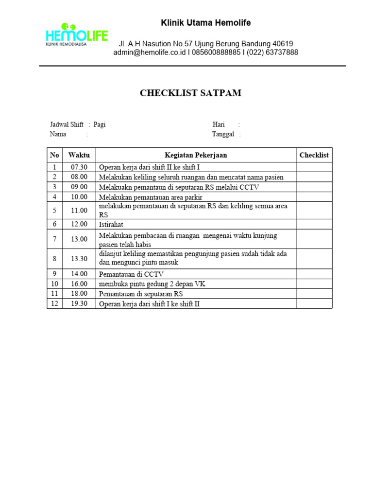 Operan Satpam Klinik Hemolife | PDF