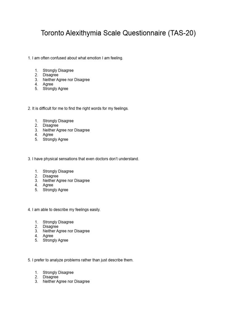 Toronto Alexithymia Scale Questionnaire TAS 20 | Download Free PDF | Feeling | Mental Processes