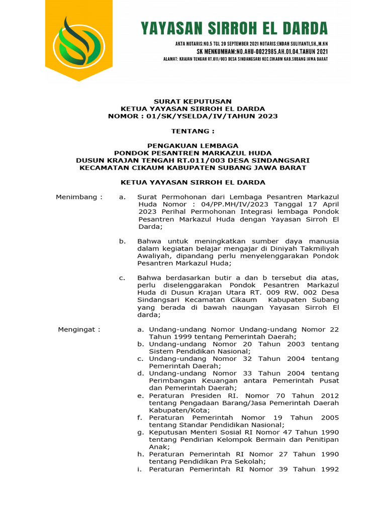Surat Keputusan Yayasan-Ppmh | PDF