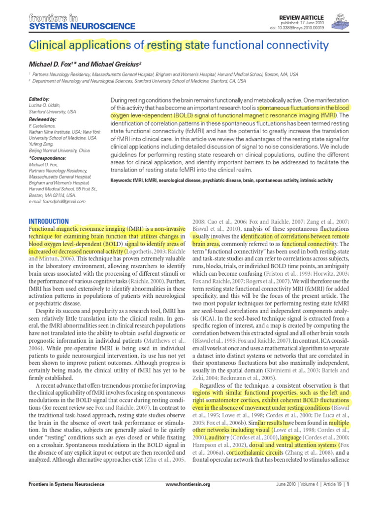 Clinical Applications of Resting State Functional Connectivity | PDF ...