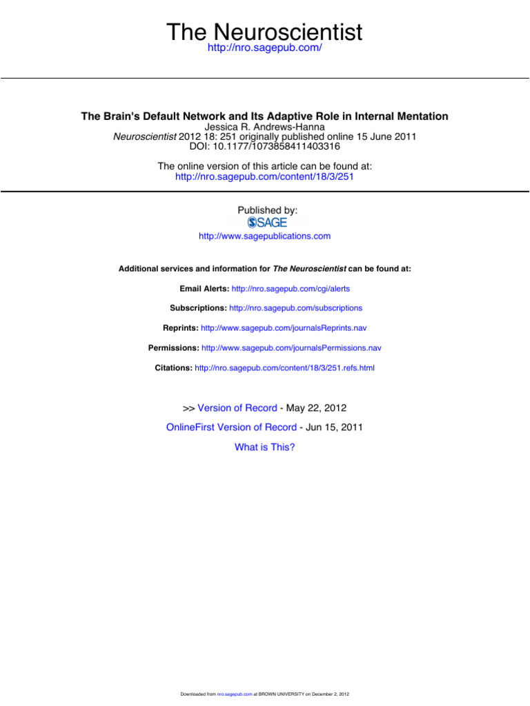 The Brain's Default Network and Its Adaptive Role in Internal Mentation ...