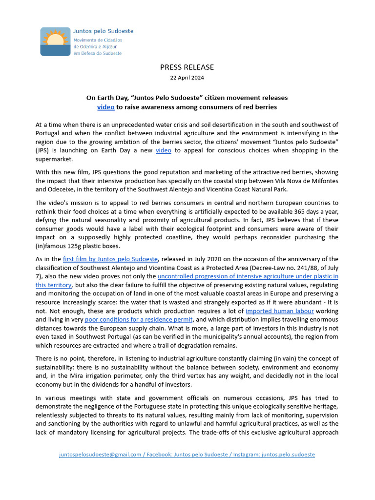 JPS Press Release - New Video - April/2024 | PDF | Biodiversity | Portugal