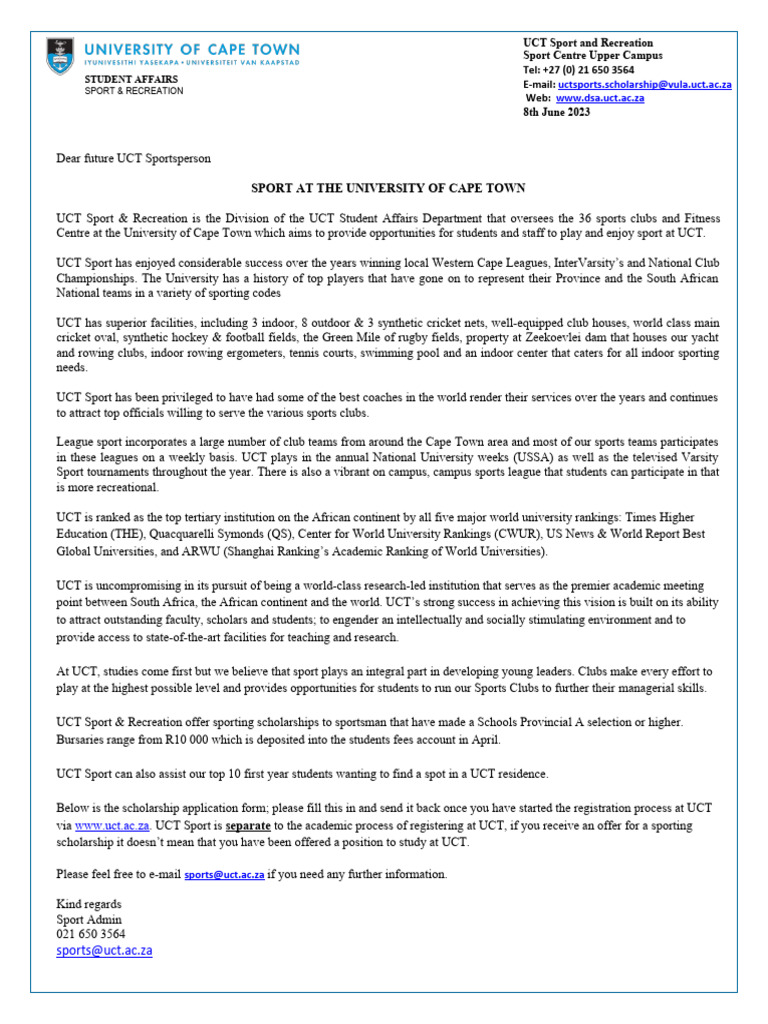 2024 UCT Sports Scholarship Application Form and Info | PDF ...