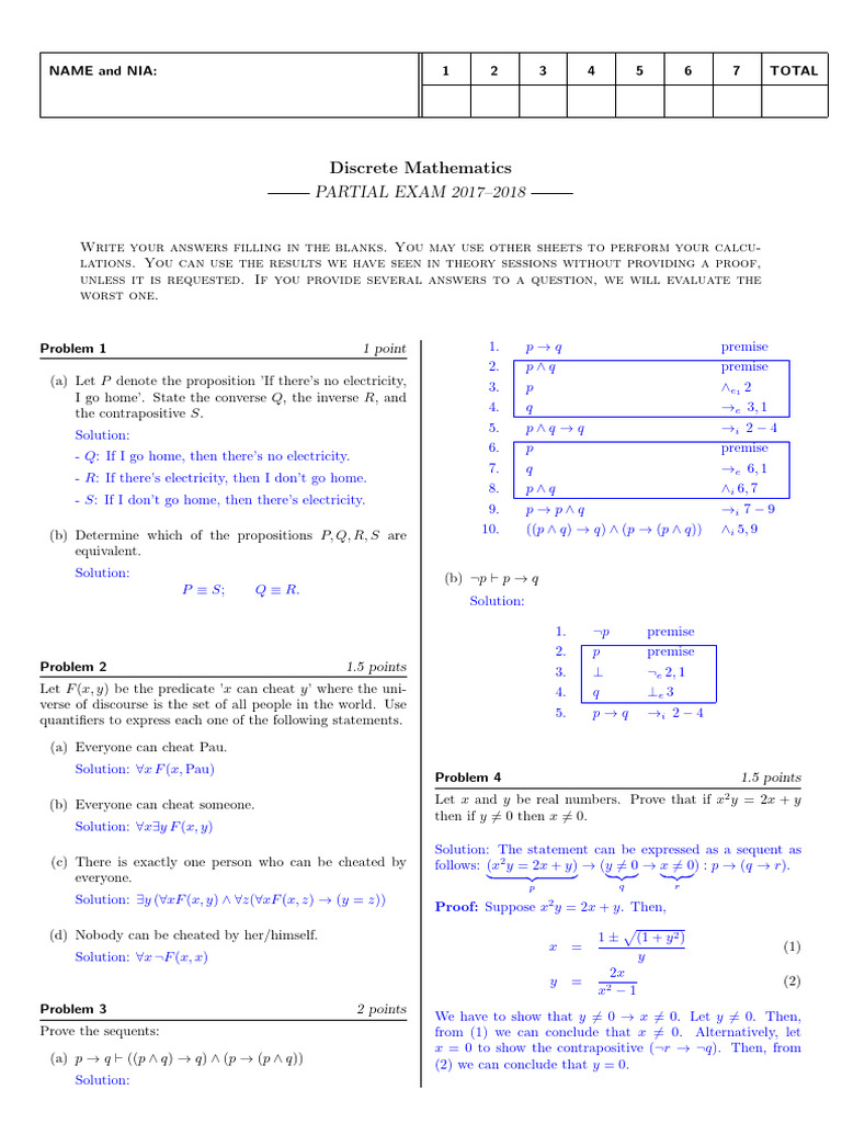 Discrete Mathematics Partial Exam Solutions | PDF | Mathematical Logic ...