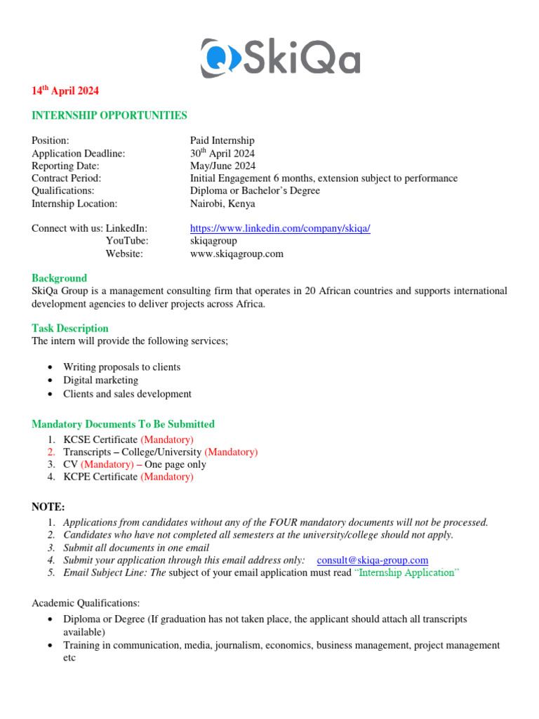 Internship - SKIQA - 14.4.2024 | PDF | Career & Growth | Computers