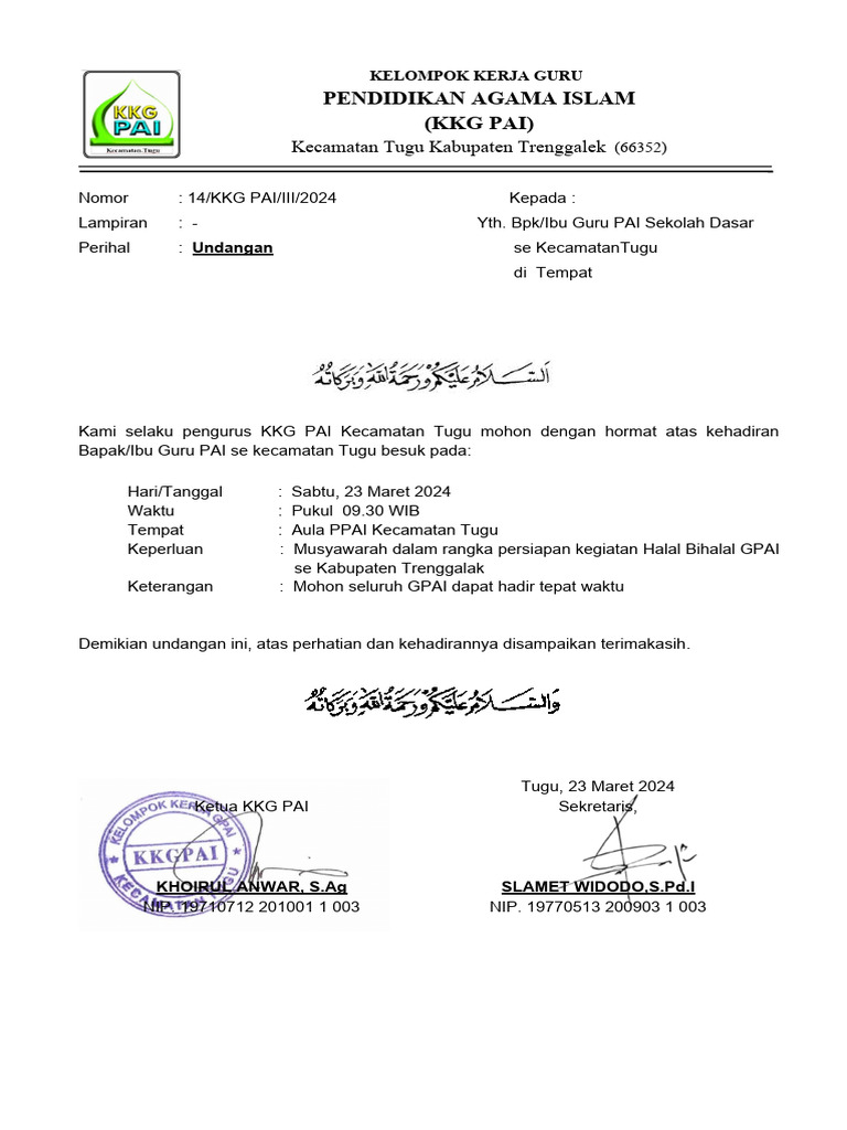 Undangan KKG PAI (23 Maret 2024) | PDF