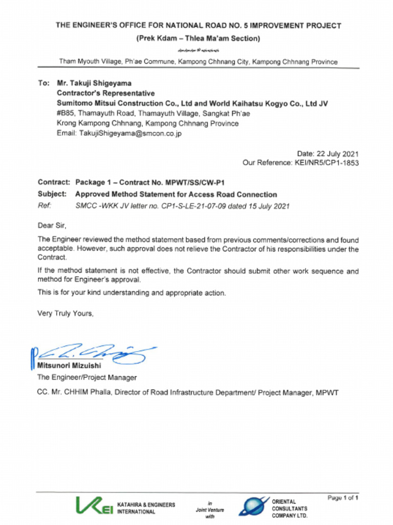 KEINR5-CP1-1853 Approved Method Statement For Access Road Connection | PDF