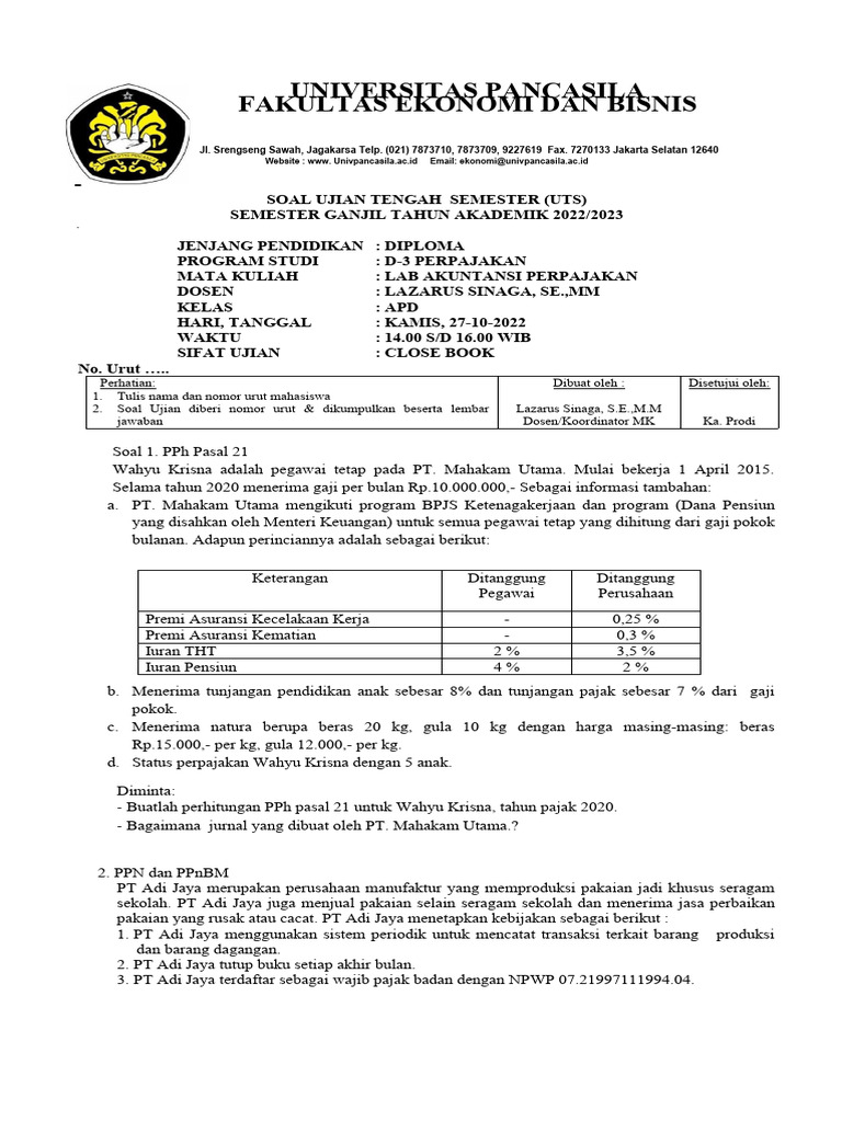 Soal Uts Lab Akuntansi Perpajakan Sem Gasal 2022-2023, KLS Apd | PDF Soal Uts Lab Akuntansi Perpajakan Sem Gasal 2022-2023, KLS Apd | PDF