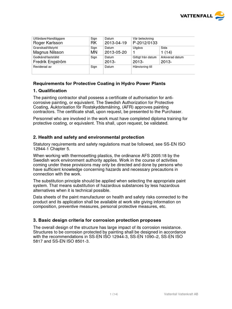Appendix 5, Requirements For Protective Coating in Hydro Power Plants P 2012-0133 | PDF | Paint ...