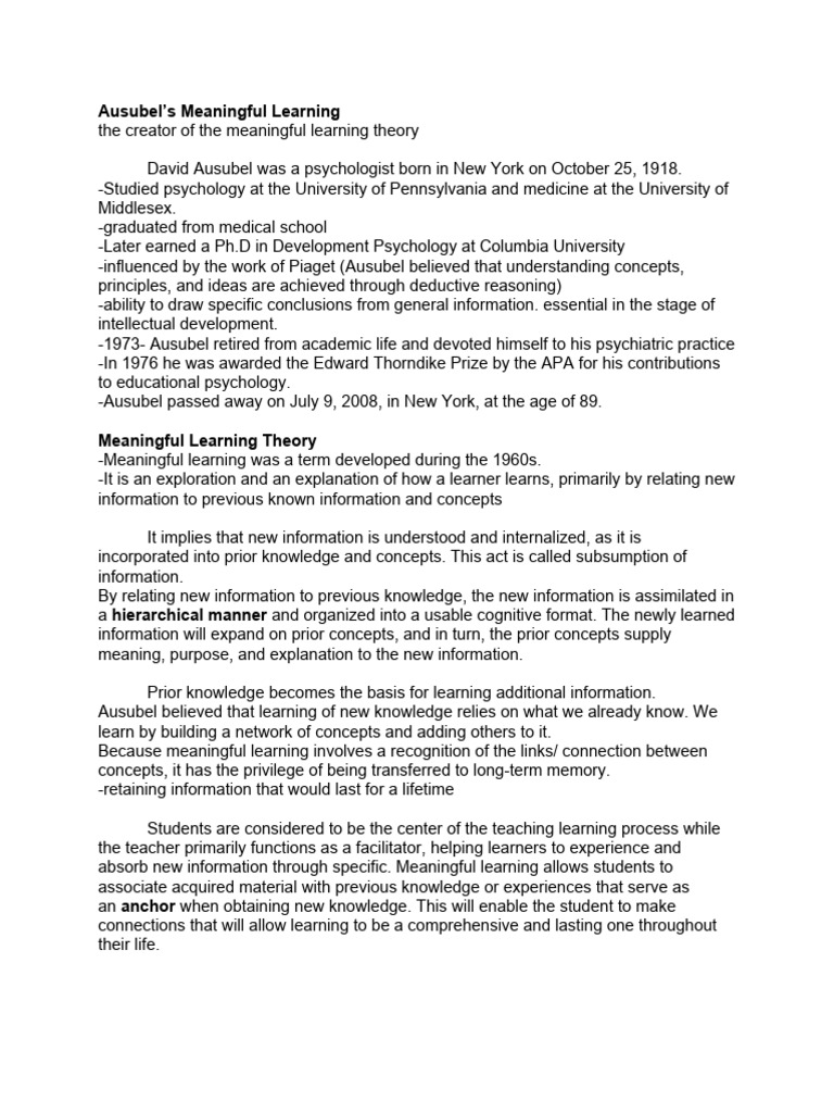 Ausubel's Theory | PDF | Learning | Neuroscience