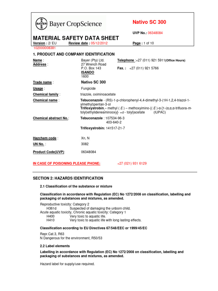Nativo SC 300 MSDS | PDF | Dangerous Goods | Toxicity
