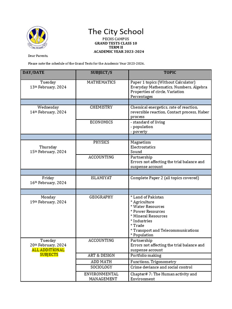 Grand Tests Schedule Grade 10 | PDF | Mathematics | Science