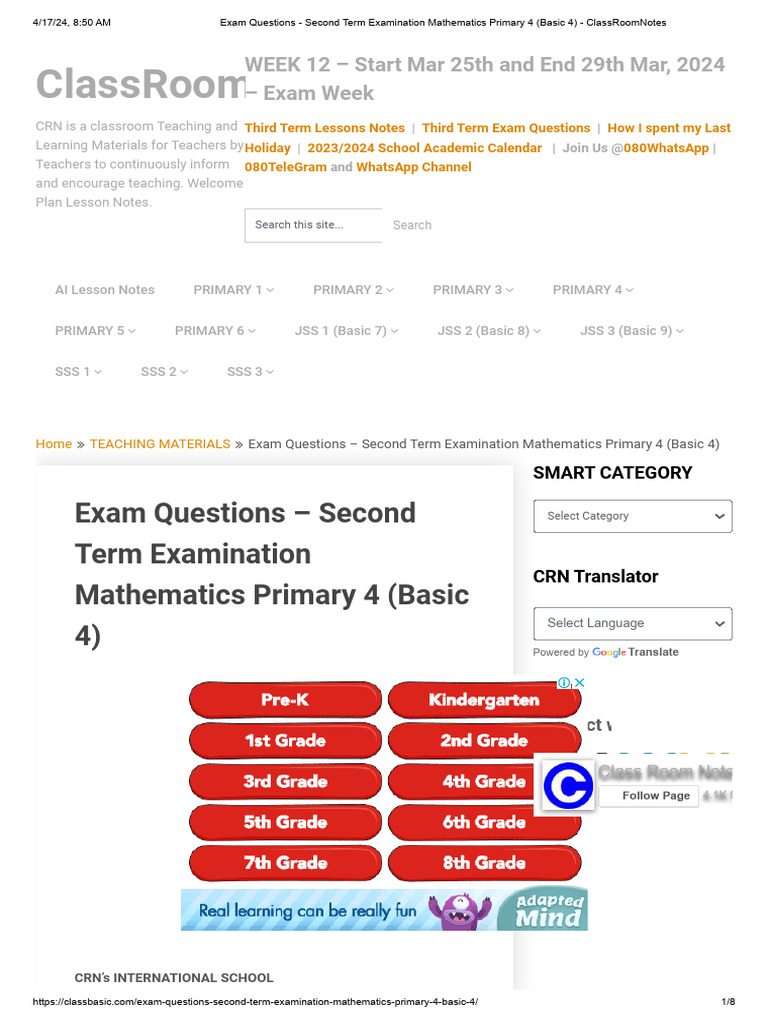 Exam Questions - Second Term Examination Mathematics Primary 4 (Basic 4 ...