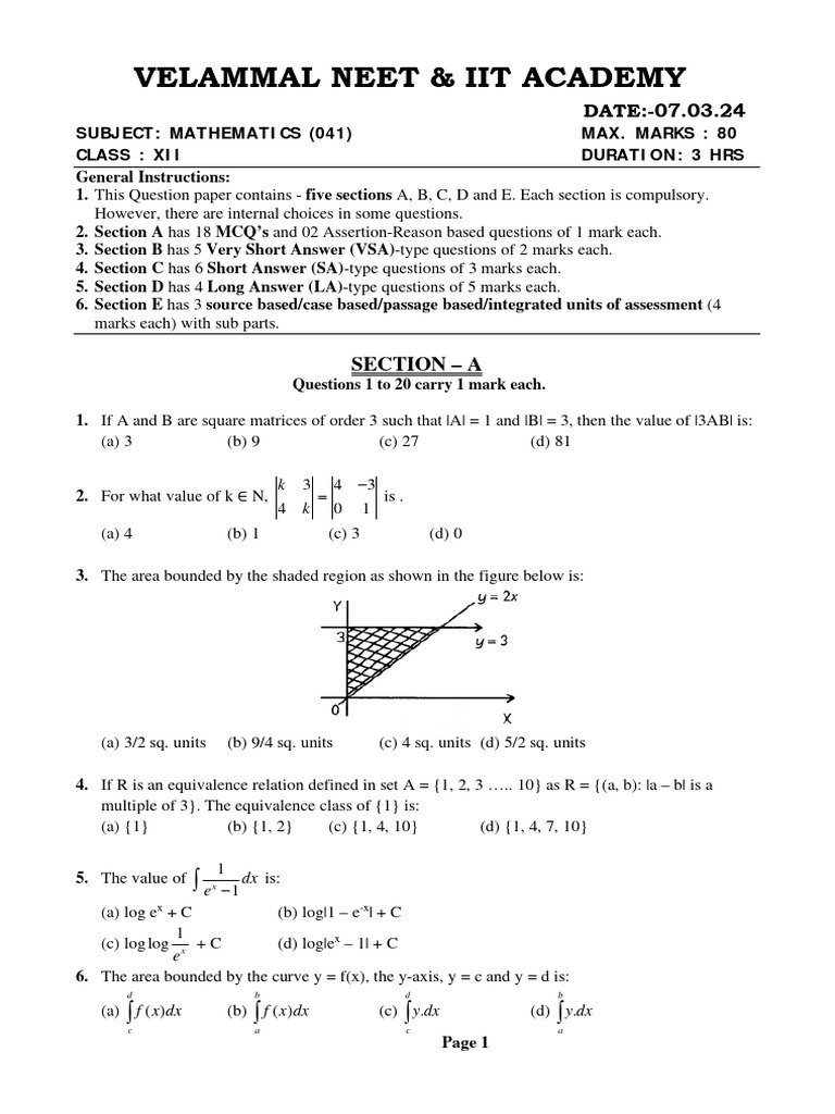 Maths Class Xii Sample Paper Test 07 For Board Exam 2024 (07.03.24 H ...