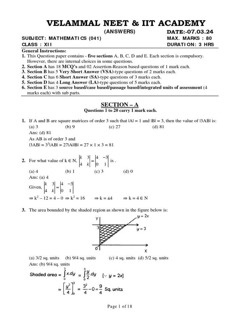 Maths Class Xii Sample Paper Test 07 For Board Exam 2024 Answers ...