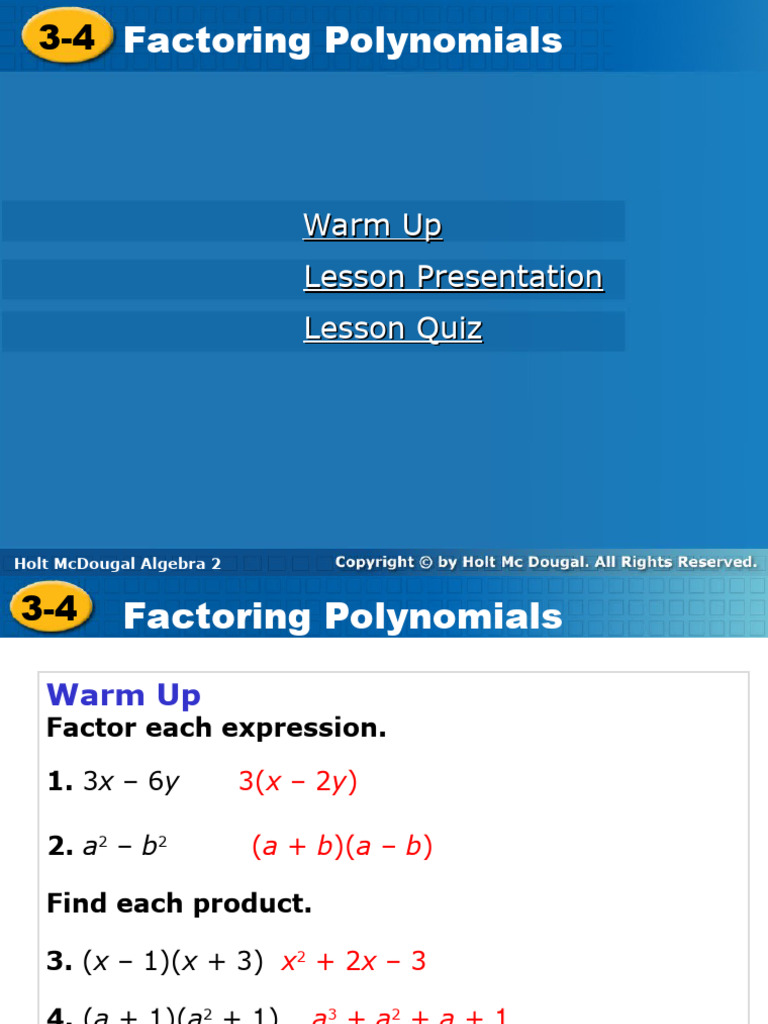 Warm Up Lesson Presentation Lesson Quiz | Download Free PDF | Factorization | Polynomial