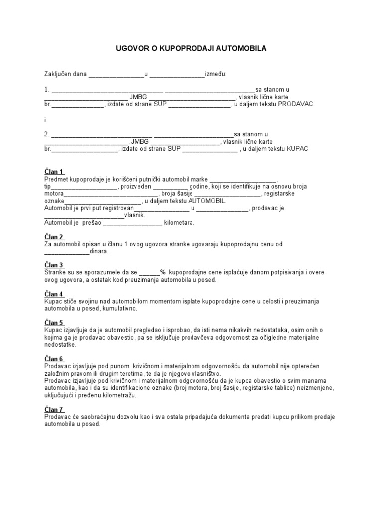 Ugovor o Kupoprodaji Automobila | PDF